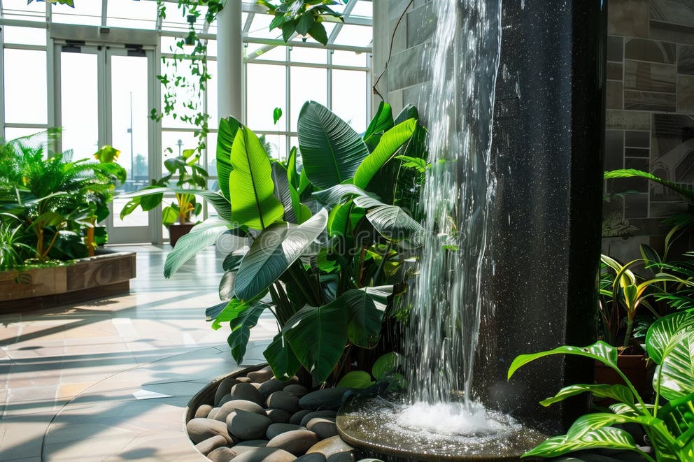 Calming Floorstanding Waterfall Feature in a Sunny Office Atrium Stock ...