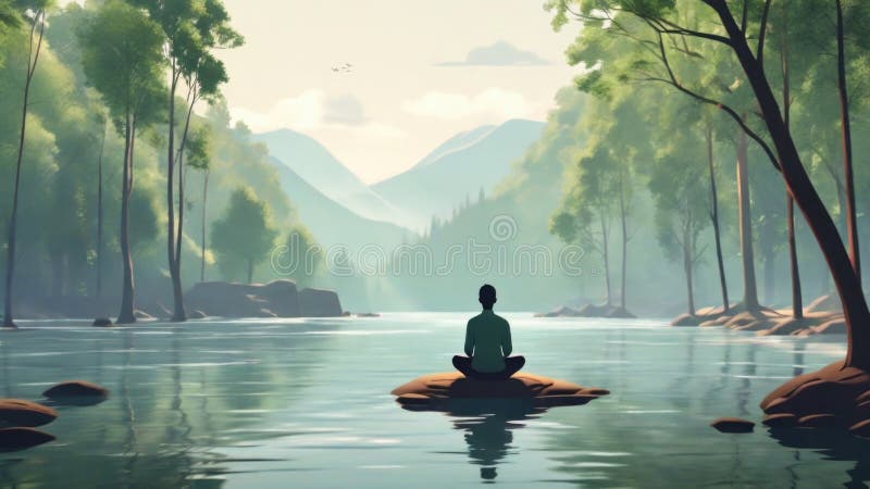 A Calming Illustration of a Person Sitting in Nature, Surrounded by ...