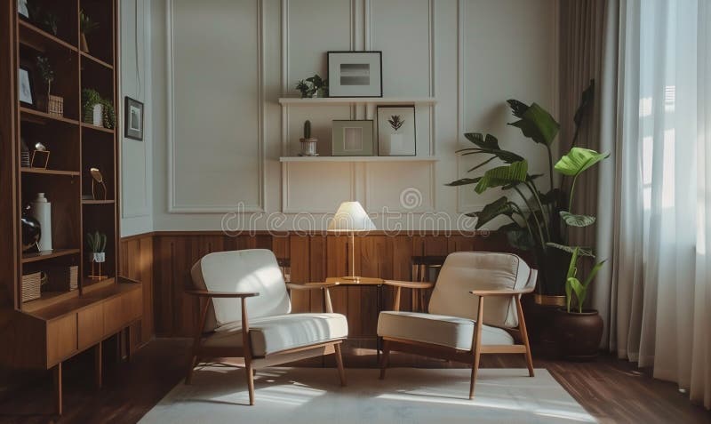 Serene Mid-Century Study Nook with Natural Light Stock Illustration ...
