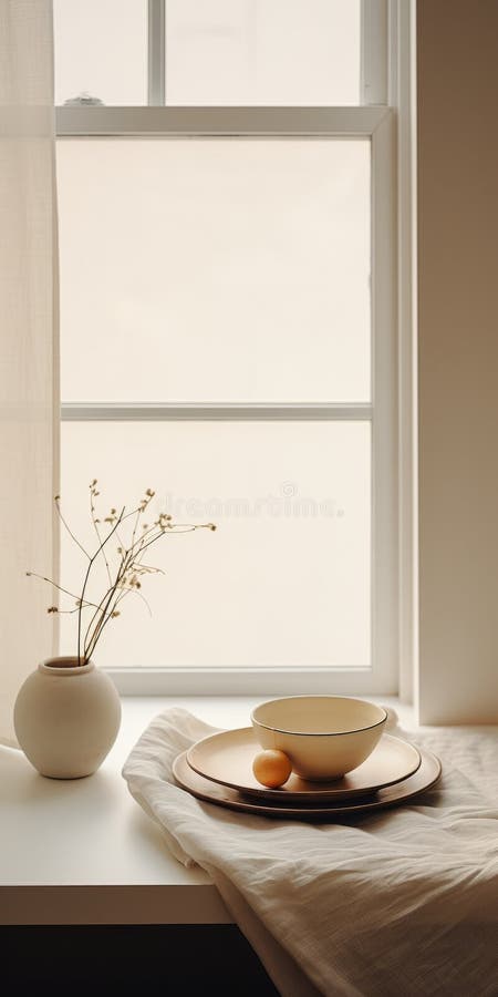 Calming and Introspective Aesthetic: Light Beige Table with Window View ...