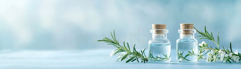 Soft Light Blue Gradient Background with Glass Vials and Fresh Rosemary ...