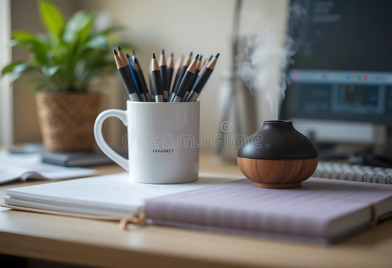 Calming Office Desk Setup with Essential Oil Diffuser Stock ...