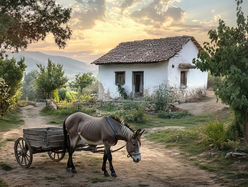 A Serene Rustic Scene Depicting a Donkey Cart Parked in Front of an Old ...