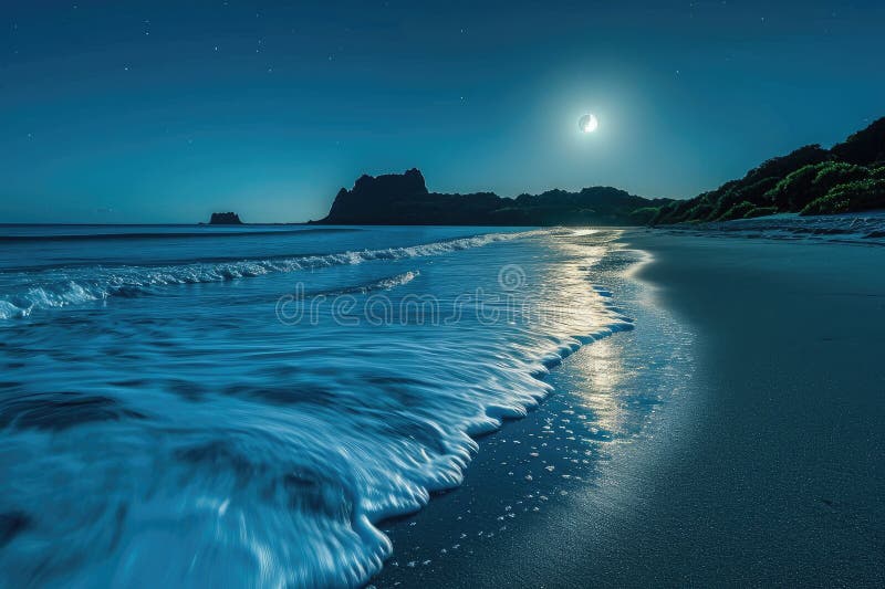 A Calming Scene of a Beach at Night, the Moons Soft Light Casting a ...