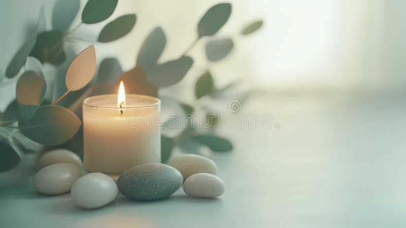 Calming Scene Featuring Small Candle, and Smooth Spa Stones, Placed on ...