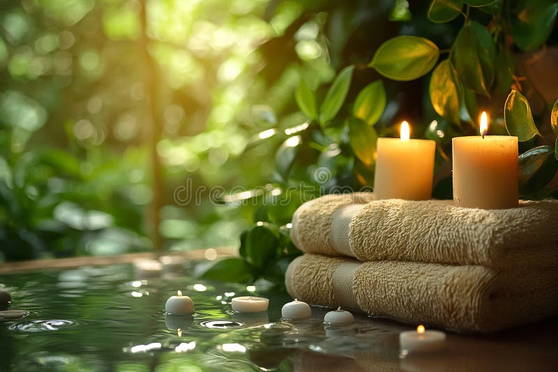 A Calming Spa Environment Features Lit Candles Resting on Stacked ...