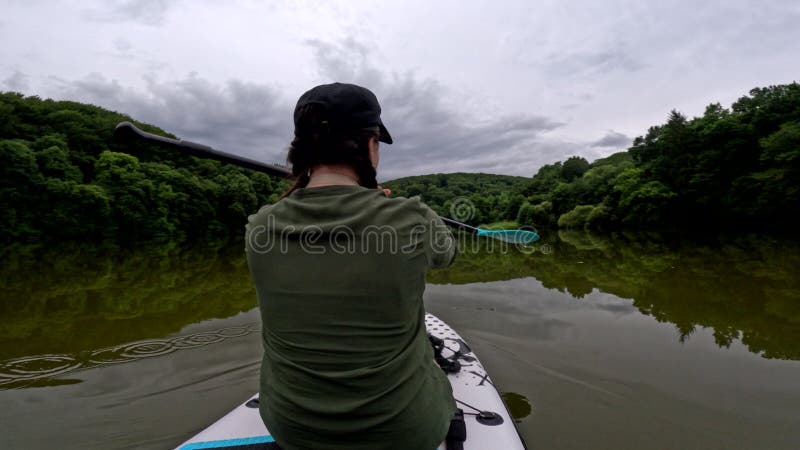 Calmness Woman on Supboard Floating by River Stock Video - Video of ...