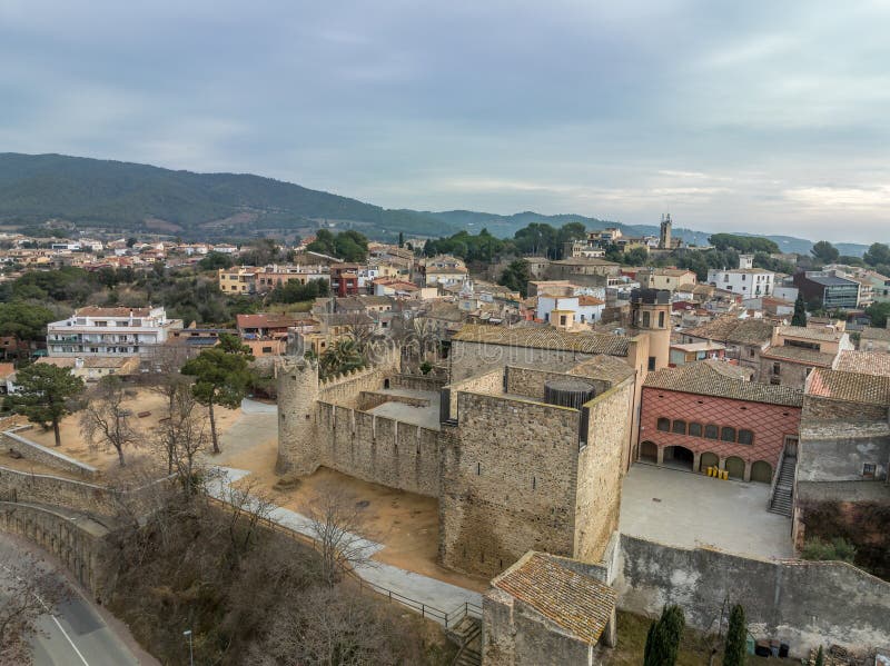 Aerial View of Calonge Castle with Square Keep, Two Round Corner Towers ...