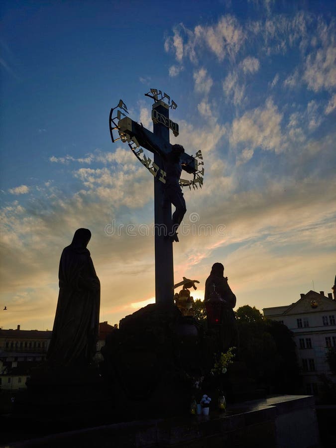 Calvary on Charles Bridge in the Prague, Sunrise Stock Image - Image of ...