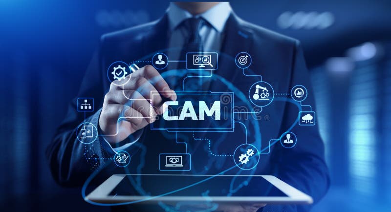 CAM Computer-aided Manufacturing Software System. Businessman Pressing ...