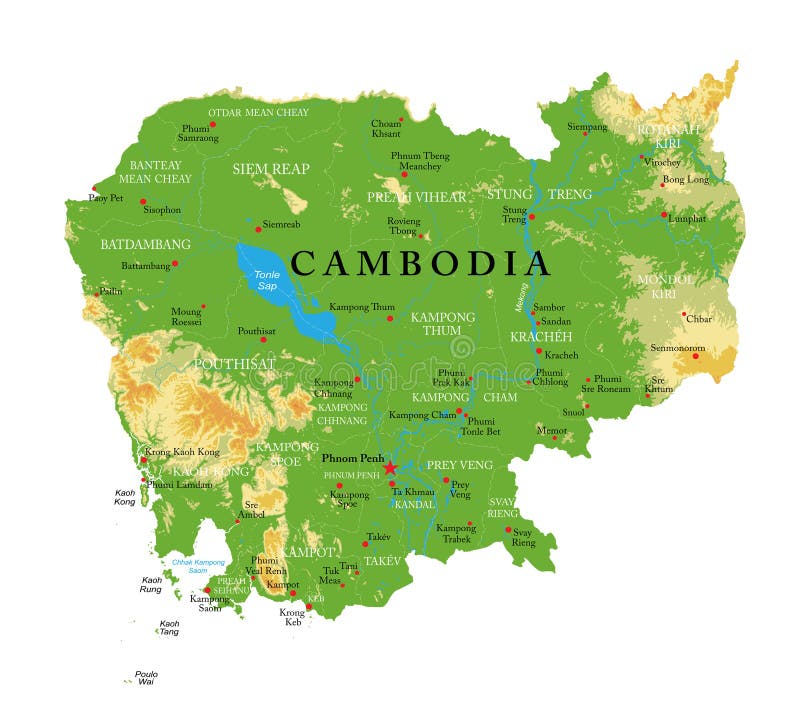 Cambodia-highly Detailed Physical Map Stock Vector - Illustration of ...