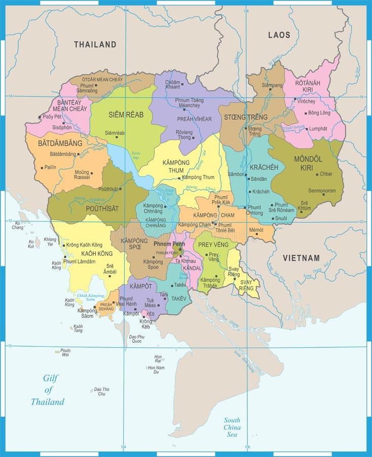 Detailed map of Cambodia stock vector. Illustration of black - 141853138