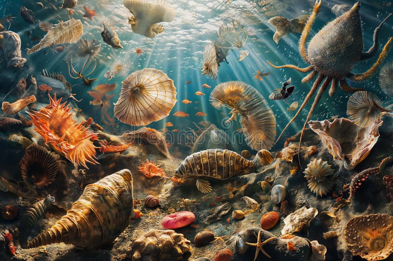 Cambrian Explosion with Diverse Marine Species Stock Illustration ...