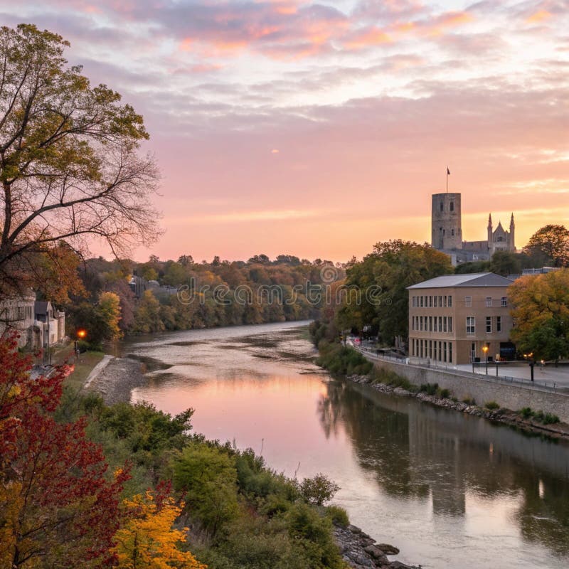 Cambridge, Ontario, Canada on the Grand River at Dawn Stock ...