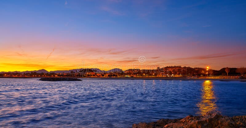Cambrils Beach Sunset in Tarragona Stock Photo - Image of lights ...