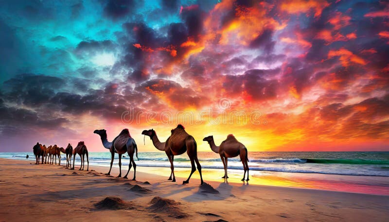 Camel on the Beach with Sunset Stock Illustration - Illustration of ...