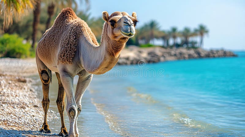 Camel on Beach by Turquoise Water Stock Photo - Image of landscape ...