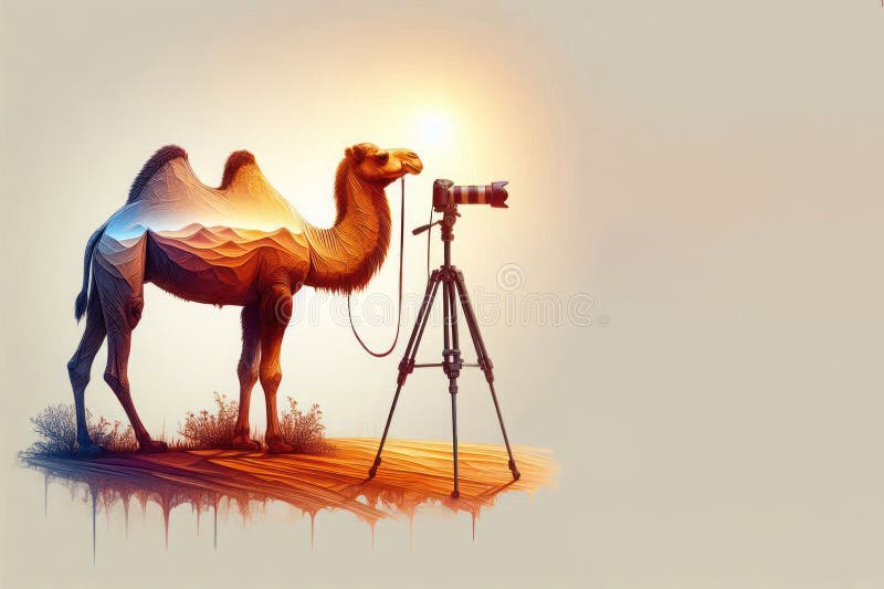 Camel with Camera at Sunset. Space for Text. Stock Illustration ...
