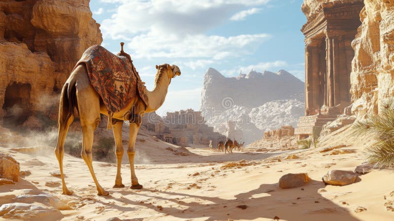 Camel Caravan in Ancient Desert Ruins Stock Illustration - Illustration ...