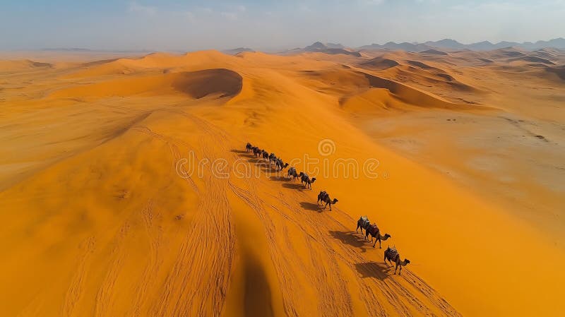 Camel Caravan Moving through Dunes, Their Tracks Forming Intricate ...