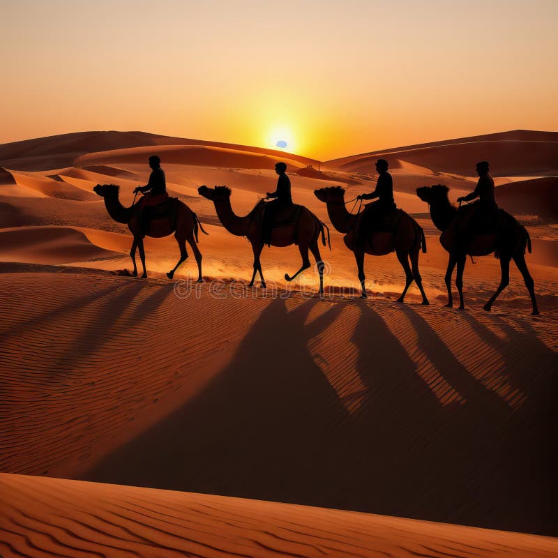 Camel Caravan with People Going through the Sand Dunes. Stock ...
