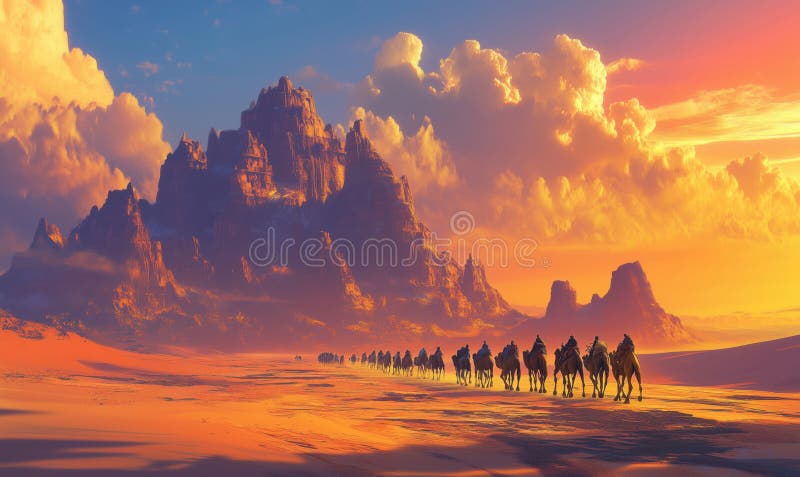 Camel Caravan Traversing Desert Landscape at Sunset with Dramatic ...