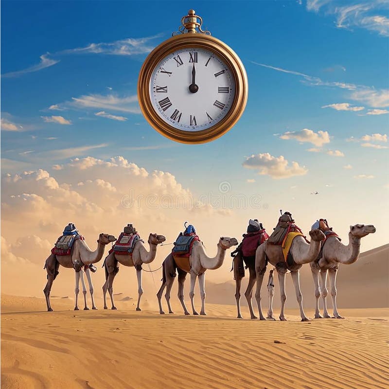 Camel Caravan Under the Clock Hanging in the Sky Stock Photo - Image of ...