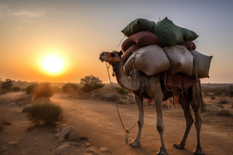 Camel Carry Load Goods in Desert. Generate Ai Stock Illustration ...