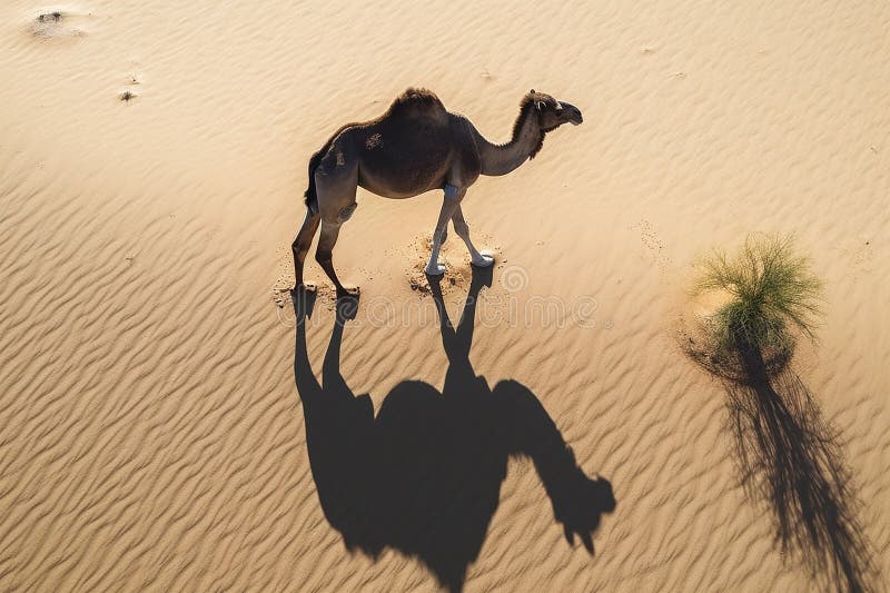 A Camel Casts Its Shadow on the Sand in the Desert. View from the Top ...