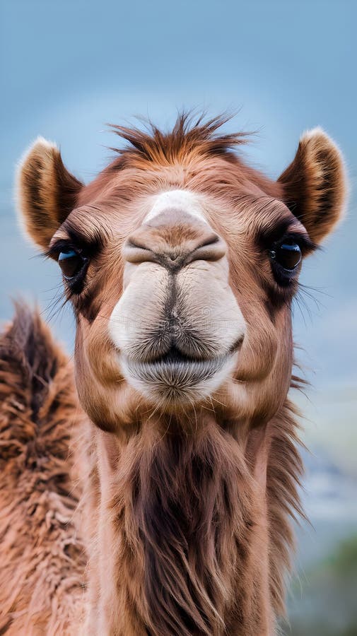 Camel Close Up, Brown Fur Contrasts with Soft Blue Background, Creating ...
