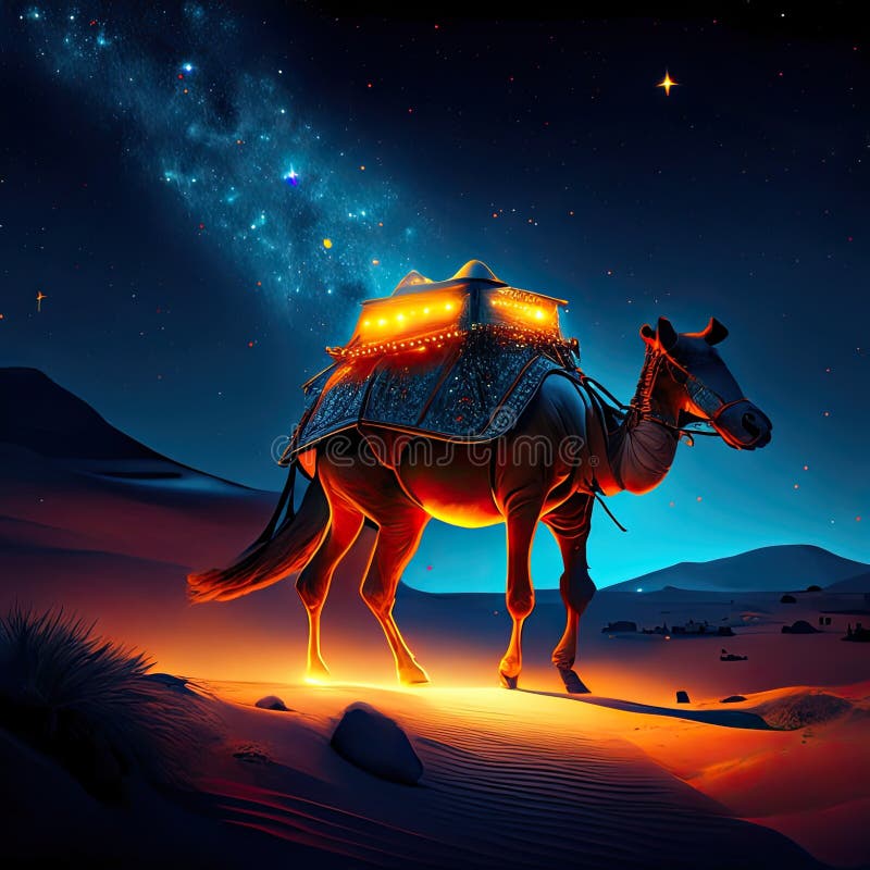 Camel in the Desert at Night, 3d Rendering. Computer Digital Drawing ...