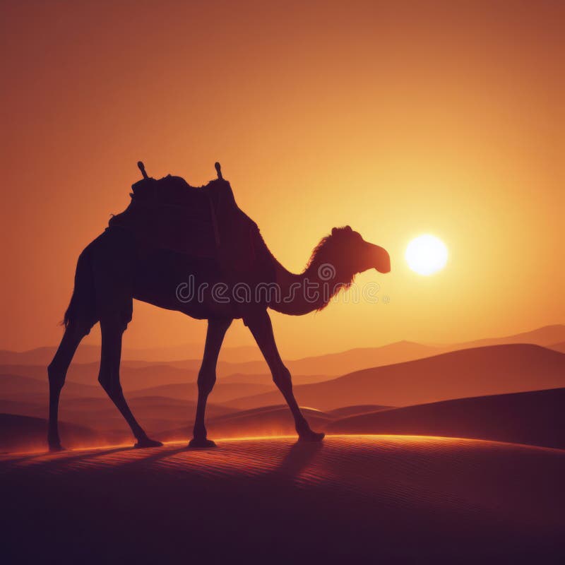 Camel in the Desert, Sun Set Silhouette. Ai Generative Stock ...