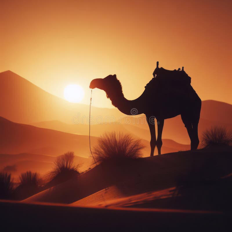 Camel in the Desert, Sun Set Silhouette. Ai Generative Stock ...
