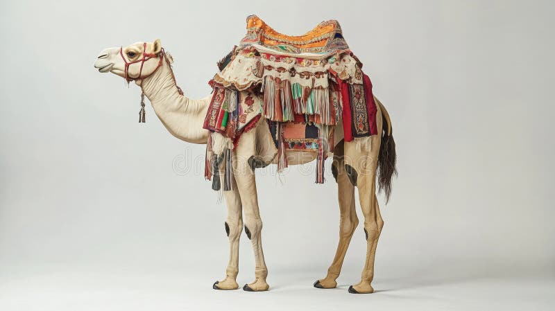 Camel Adorned with Colorful Saddle Gear Stands in the Desert ...
