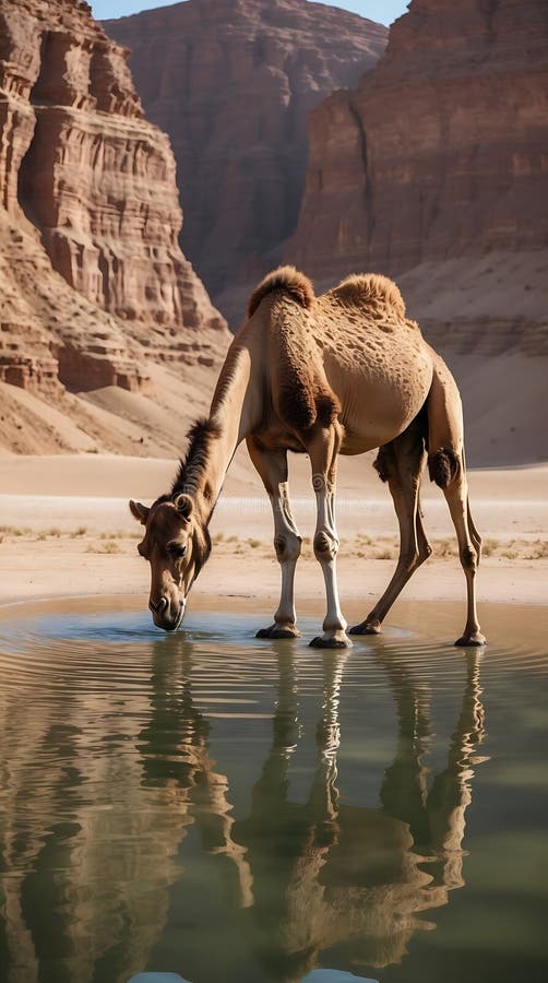 Camel Drinking from a Clear Oasis beside Rocky Cliffs in a Desert ...