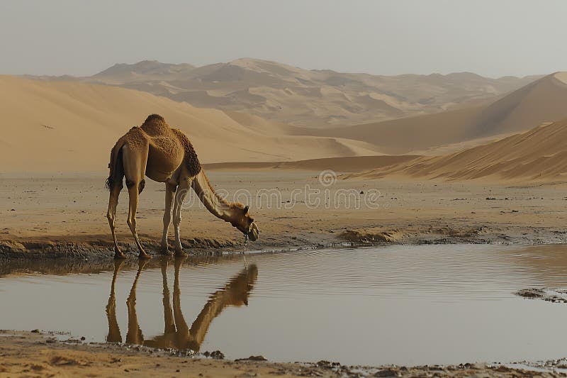 A Camel Drinks Deeply from a Rare Desert Water Source. Stock ...
