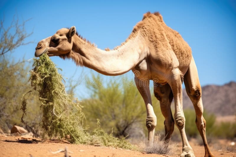 Camel Eating Thorny Bushes in a Desert Stock Illustration ...
