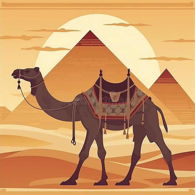 Camel in Front of the Pyramids in Giza, Egypt Stock Illustration ...