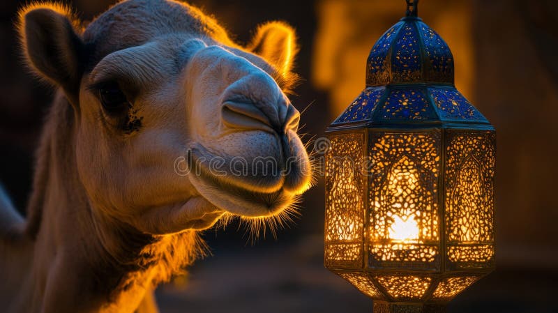 Camel and Illuminated Lantern at Dusk Stock Illustration - Illustration ...