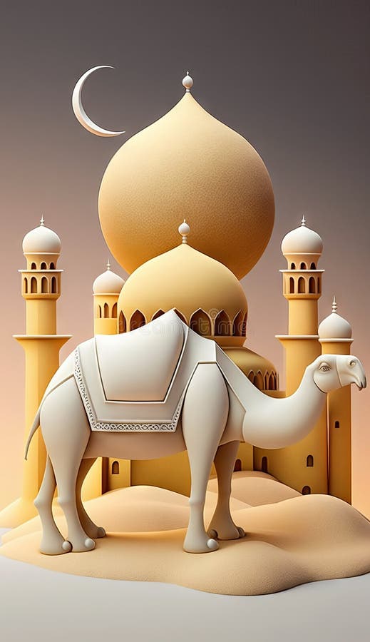 Camel with Mosque and Crescent Moon. Generative AI Stock Illustration ...