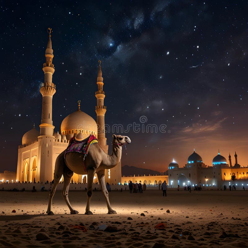 Camel and Mosque Under the Stars Stock Illustration - Illustration of ...