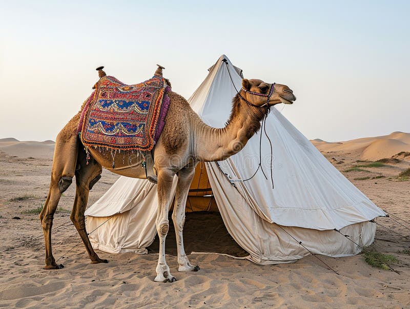 Camel Next To White Tent in the Desert Stock Illustration ...
