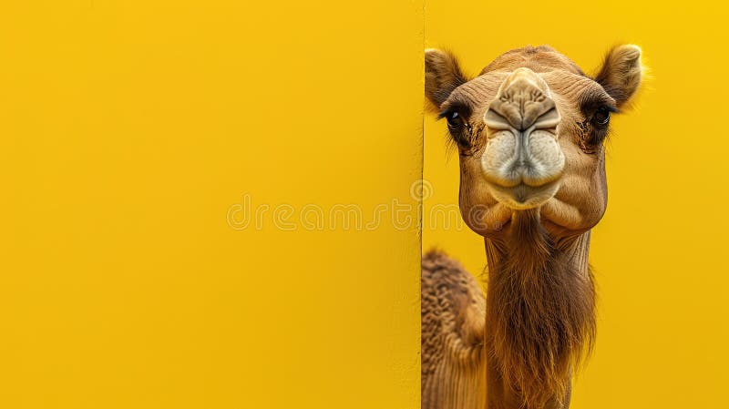 A Camel Peeks Around a Yellow Mastase Wall, with a Curious Expression ...