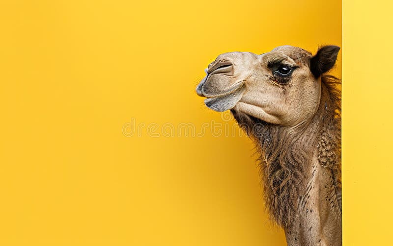 A Camel Peeks Around a Yellow Mastase Wall, with a Curious Expression ...