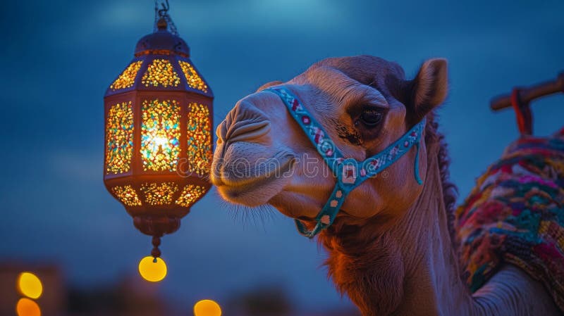 Camel Portrait at Dusk Near a Luminous Lantern Stock Illustration ...