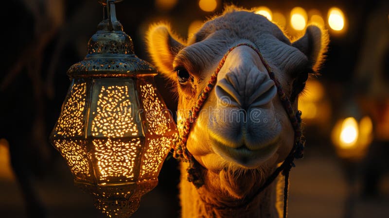 Camel Portrait Illuminated by a Lantern at Night Stock Illustration ...