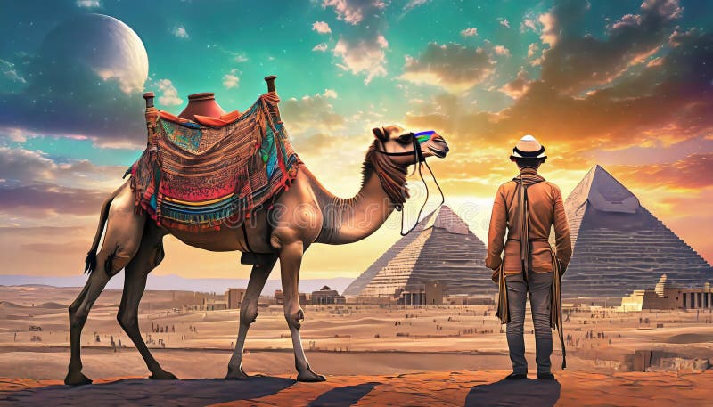 Camel at the Pyramid at Sunset Stock Illustration - Illustration of ...