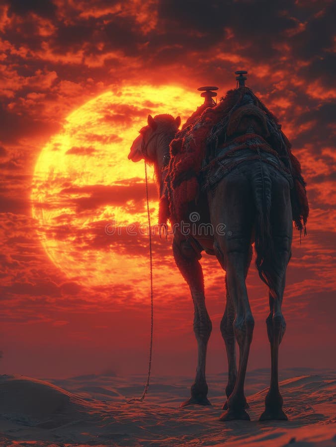 Camel and the Red Sunset. Big Beautiful Camel in the Desert Stock ...