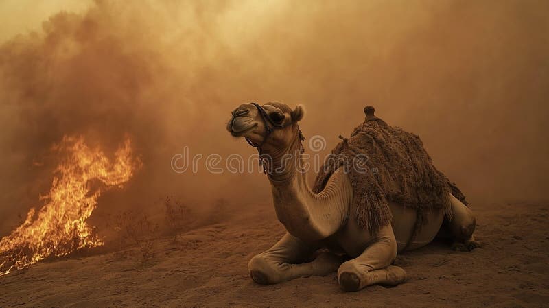 Camel Resting Near Desert Fire and Smoke Stock Photo - Image of smoke ...