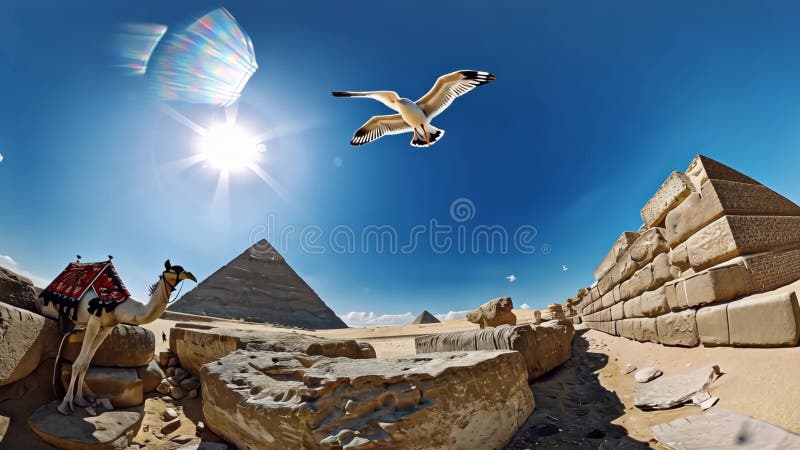 A Camel Rests Near Stone Structures while a Bird Flies Overhead with ...